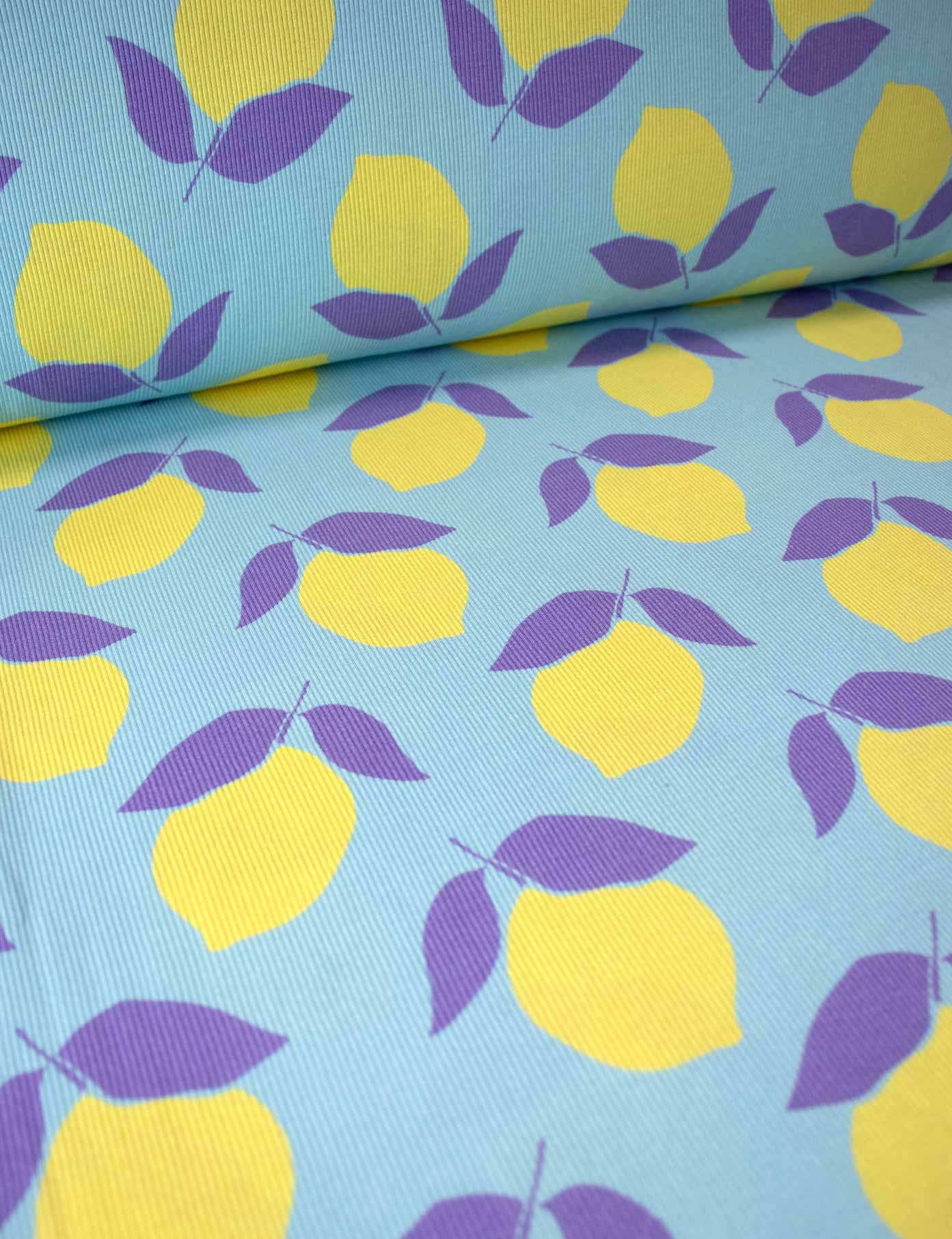 Rib tricot citroen – Aqua stof met citroenprint | Rebel Studio